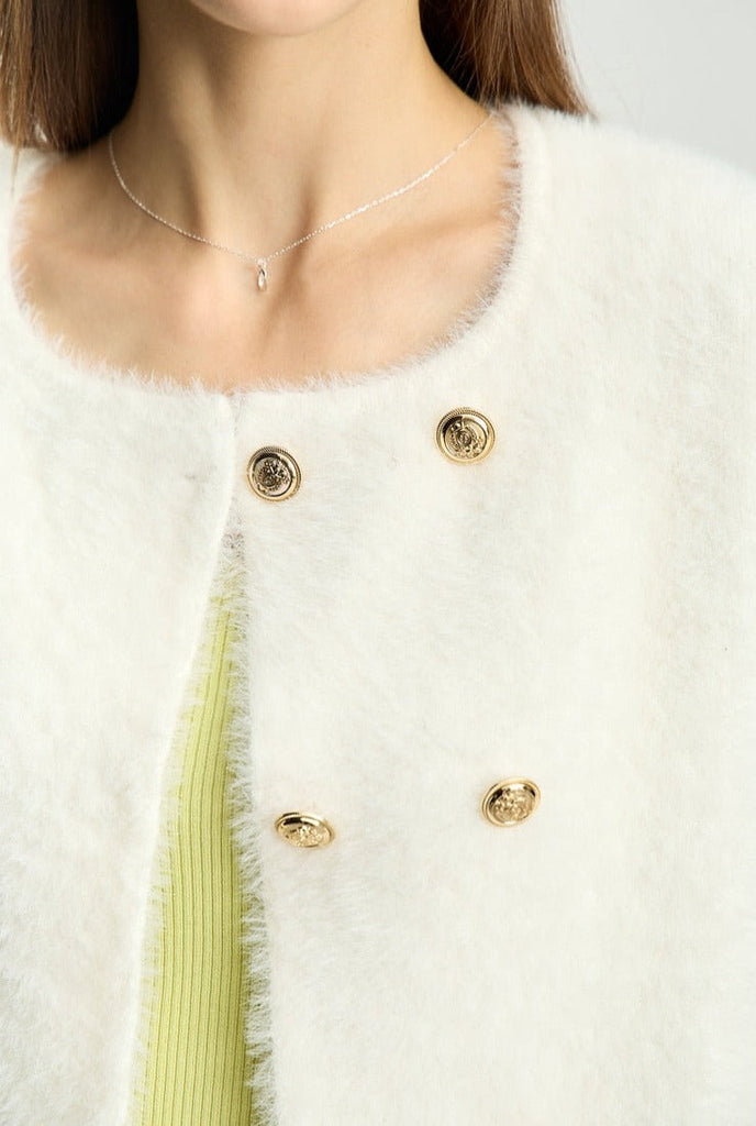 White - Brynne Double Breasted Fuzzy Cardigan – SunsetFashionLA